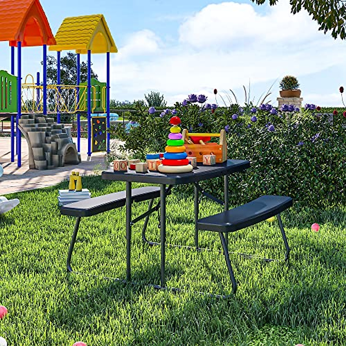 DWVO 37" Picnic Table, Folding Picnic Tables for Outdoors with Weather Resistant Resin Tabletop & Stable Steel Frame for Yard Patio Lawn Party, Black