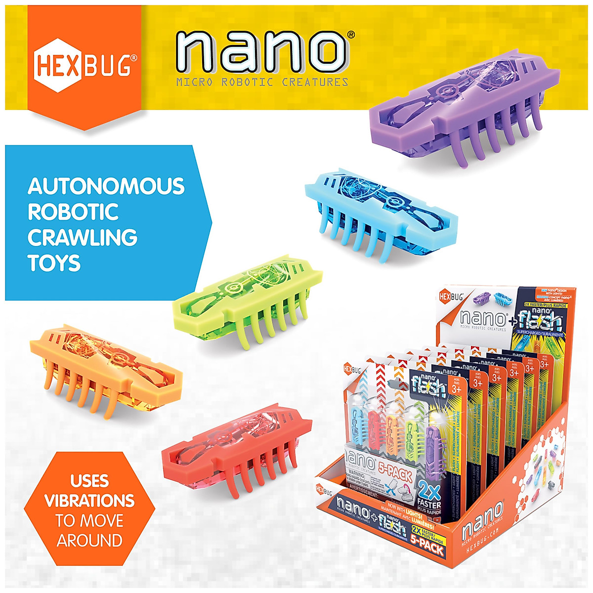HEXBUG Nano 5 Pack, 4 Nano Bugs with Bonus Flash Nano, Sensory Toys for Kids & Cats with Vibration Technology, STEM Kits & Mini Robot Toy for Kids Ages 3 & Up