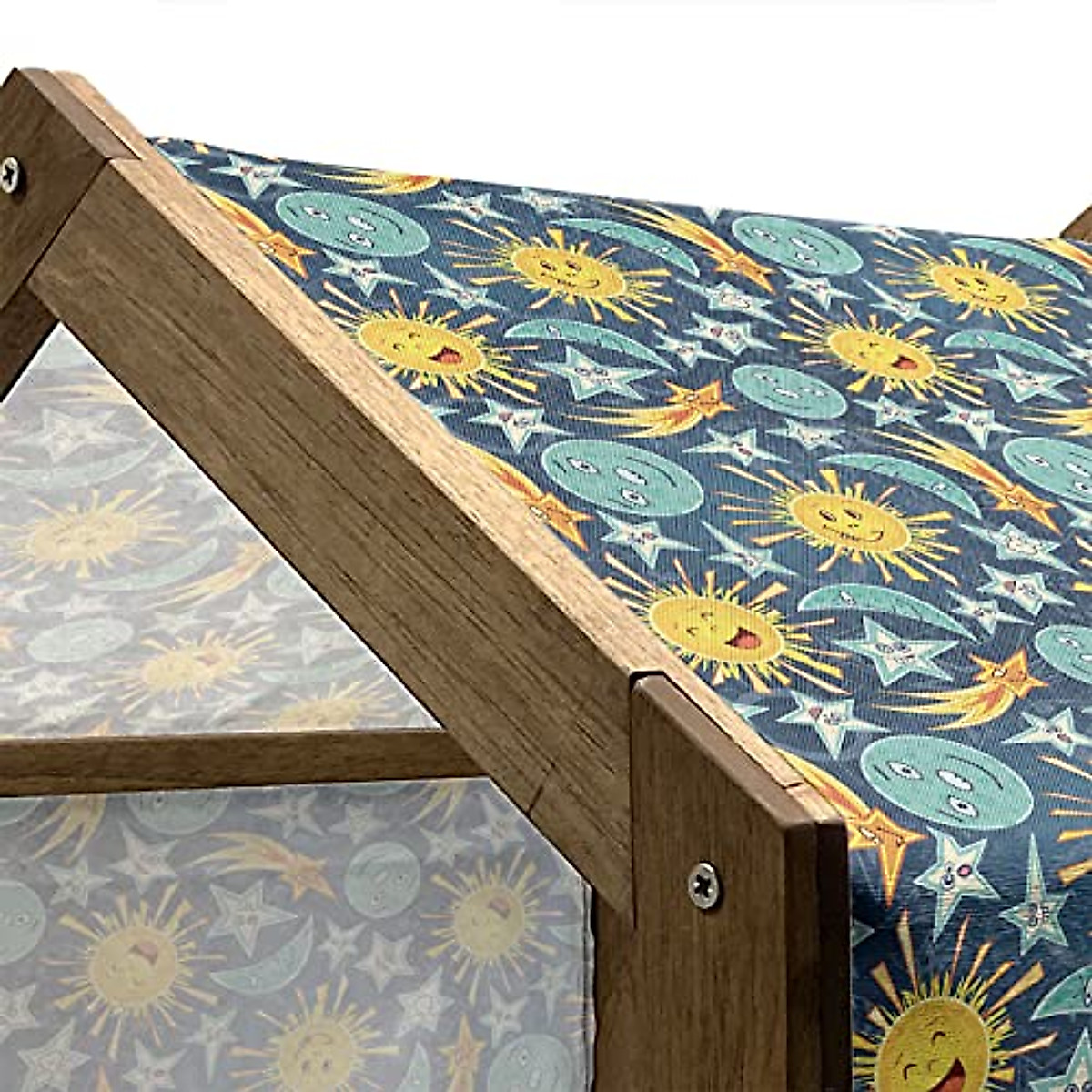 Ambesonne Stars Wooden Dog House, Sun and Moon Pattern in Cartoon Style Heavenly Bodies with Funny Faces, Indoor & Outdoor Portable Dog Kennel with Pillow and Cover, X-Large, Multicolor