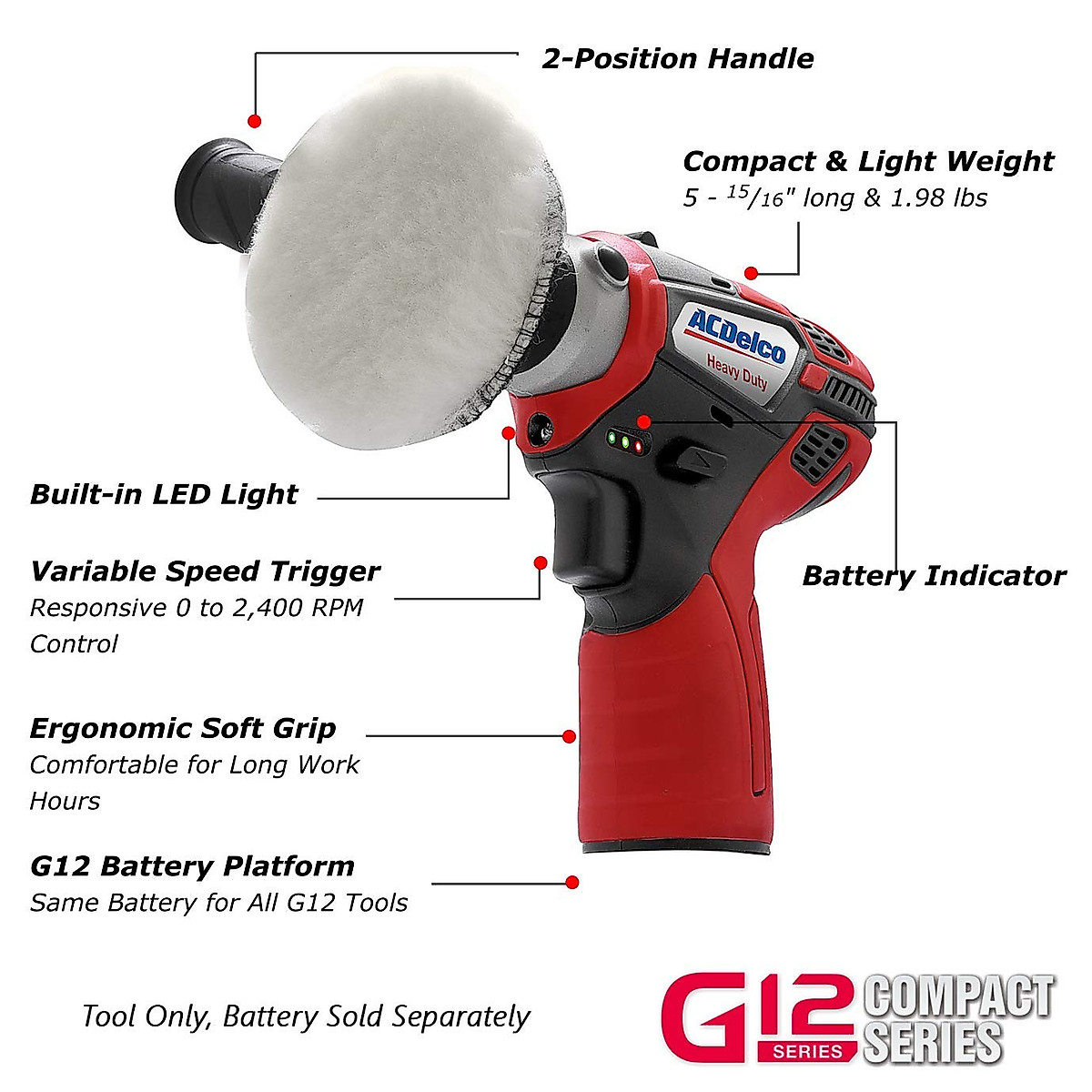ACDelco G12 Series 12V Cordless 3" Mini Polisher Tool Set with 2 Li-ion Batteries, Charger, and Accessory Kit, ARS1212 (Polisher+Drill Driver)