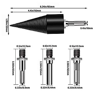 Hlimior Firewood Log Splitter,3pcs Firewood Drill Bit Removable Cones Kindling 32mm/1.26inch Wood Splitting logs bits Heavy Duty Electric Drills Screw Cone Driver Hex + Square + Round