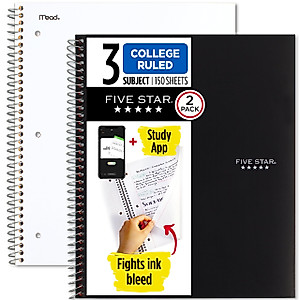 Five Star Spiral Notebooks + Study App, 2 Pack, 3 Subject, College Ruled Paper, 11" x 8-1/2", 150 Sheets, Black, White (73015)