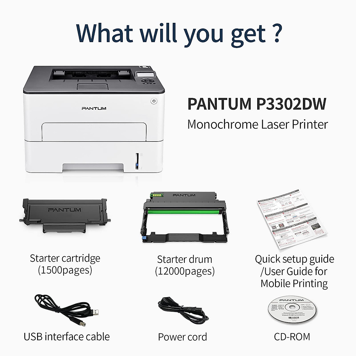 Pantum P3302DW Compact Black & White Laser Printer Wireless Ethernet and USB2.0 Capabilities, Auto Two-Sided Printing, Home Office Use (V4B15B)