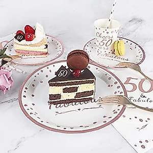 50th Birthday Rose Gold Women Party Supplies Plates Set, Disposable Paper Tableware for 24 Guests, 120pcs Include 7” and 9” Plates, 12 oz Cups, Napkins and Straws
