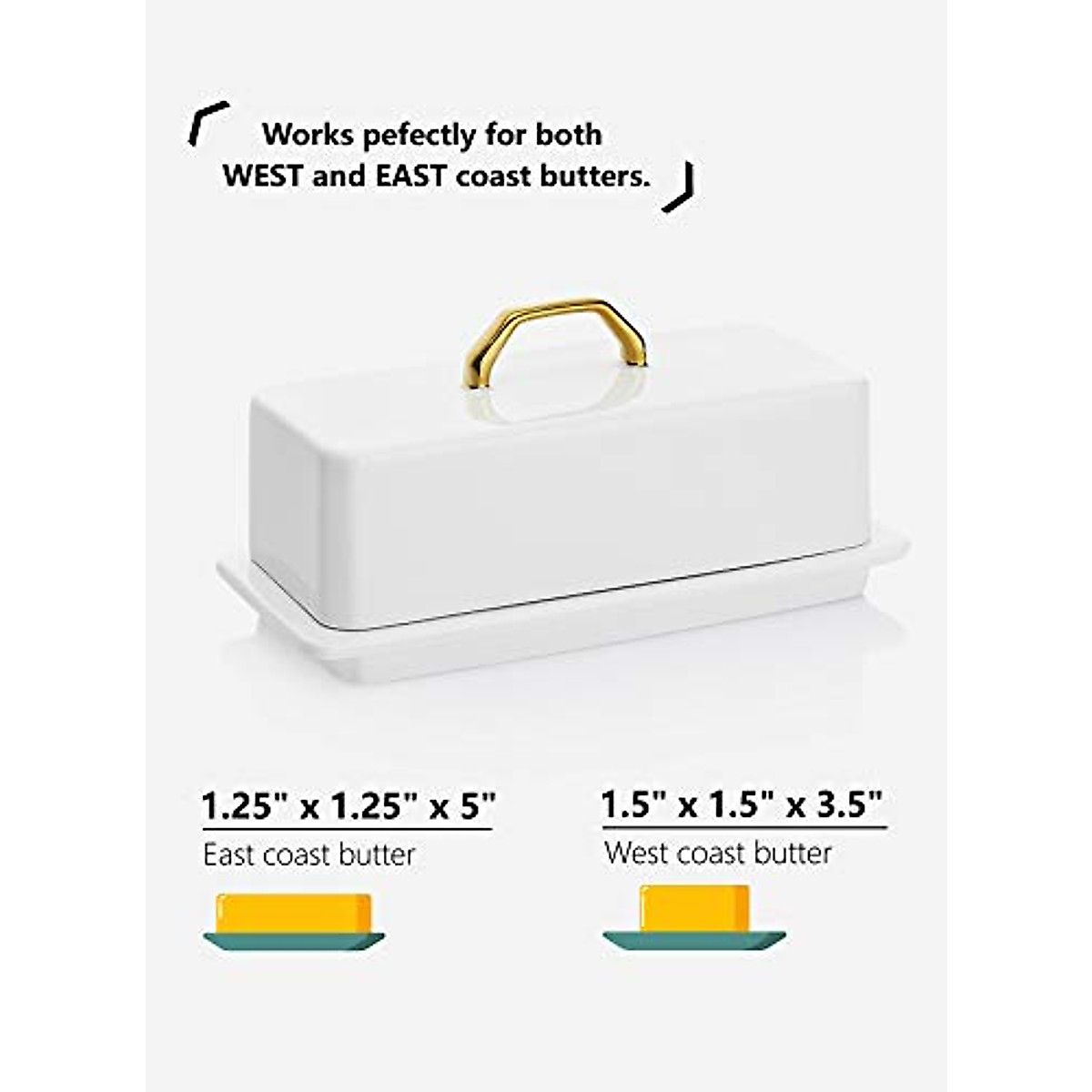 Sweese 327.101 Butter Dish with Lid for Countertop - Butter Dish with Gold Handle, Butter Dishes with Covers for 4oz East West Coast Butter - Dishwasher Safe, White