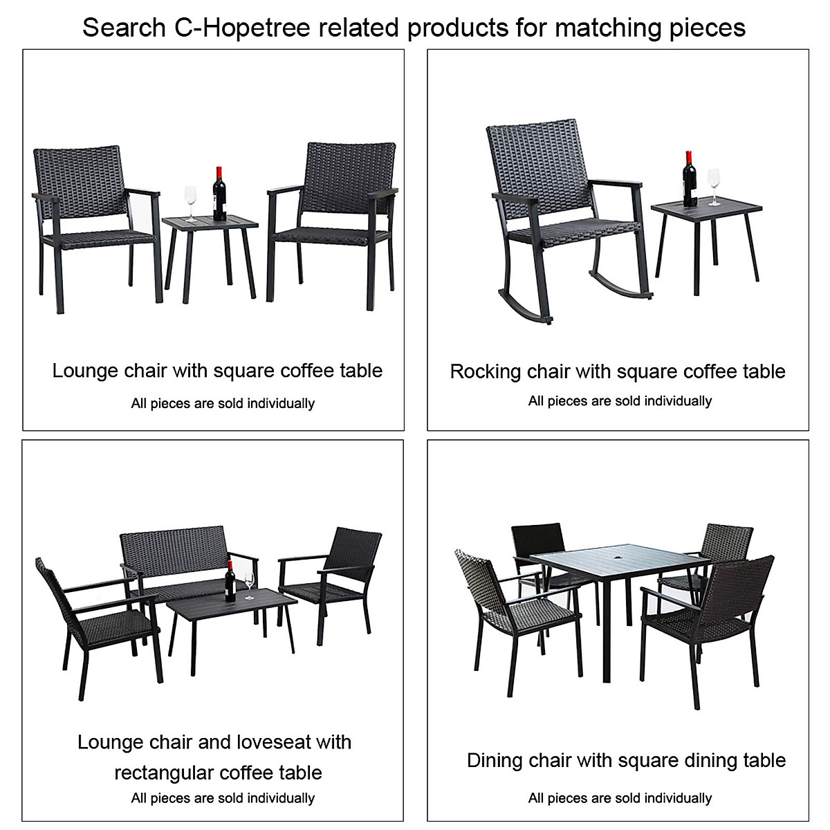 C-Hopetree Outdoor Loveseat Bench Chair for Outside Patio Porch, Metal Frame, Black All Weather Wicker