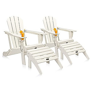 VINGLI Plastic Adirondack Chairs Set of 2 with Ottoman, Folding with Cup Holder, Waterproof HDPE Material, 380lb Weight Capacity for Outdoor Pool Patio Lounge Chair Lawn Furniture Firepit (White)