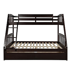 FIQHOME Twin Over Full Bunk Bed with Two Storage Drawers, Solid Wood Bunk Bed for Kids,Teens, Adults,Convertible to 2 Separated Beds, Espresso