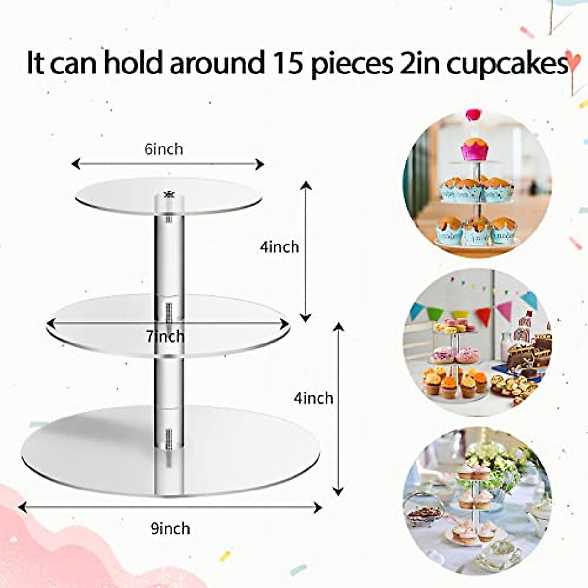 3 PCS Acrylic Cupcake Stand 2 Set of 3 Tier Clear Cupcake Stand Dessert Tower and 1 Tier Round Cake Stand Holder Bakery Display Serving Tray for Wedding Baby Shower Party Decor
