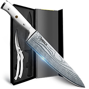 POPSUN Ultra Sharp Chef Knife, 8 Inch Kitchen Knife with Poultry Shear, Professional High Carbon Stainless Steel Chef Knife with Ergonomic ABS Handle