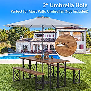 Giantex Outdoor Picnic Table Set with 2 Benches, Acacia Wood Patio Dining Table Set for 6 or 4 Persons, with 2” Umbrella Hole, 67” Large Rectangular Camping Table for Garden Lawn Yard 800 Lbs Capacity