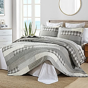 KALOOLA Grey Quilts Queen Size, 100% Cotton Queen Quilt Bedding Set, Farmhouse Rustic Striped Bedspreads, Lightweight Coverlet for All Seasons, 3 Pieces