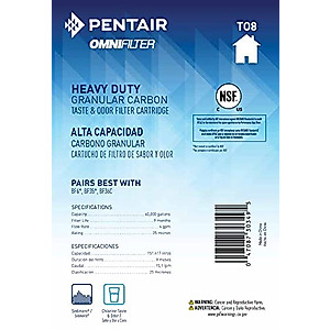Pentair OMNIFilter TO8 Carbon Water Filter, 10" Heavy Duty Whole House Granular Carbon Taste & Odor Replacement Filter Cartridge, 10" x 4.5", 25 Micron