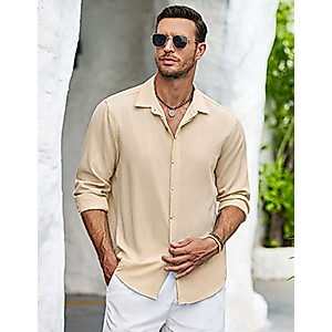 COOFANDY Men Beach Shirts Casual Cotton Linen Long Sleeve Slim Fit Summer Shirts Stone