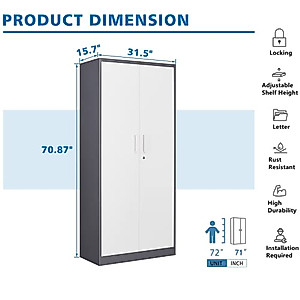BYNSOE Metal Storage Cabinet Steel Locker Cabinets with Locking Door and 4 Adjustable Shelves, Steel Classic Storage Cabinet for Home, School, Office, Garage (Grey White)