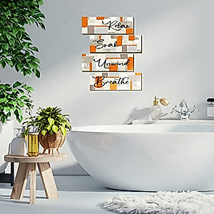 Tradder 4 Pcs Bathroom Wall Art Modern Orange and White Painting Art Bathroom Wall Signs Farmhouse Relax Soak Unwind Breathe Hanging Sign for Home Bathroom Decor
