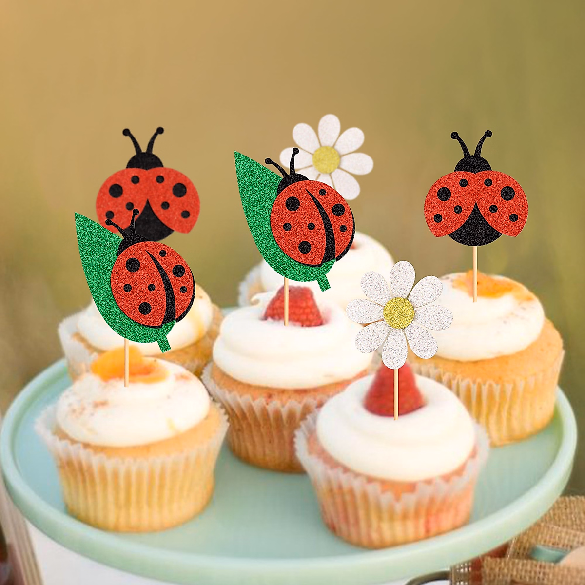 Cyodoos 24Pcs Ladybug Cupcake Toppers Flowers Insects Cupcake Picks Garden Theme Baby Shower Kids Birthday Party Cake Decorations Supplies