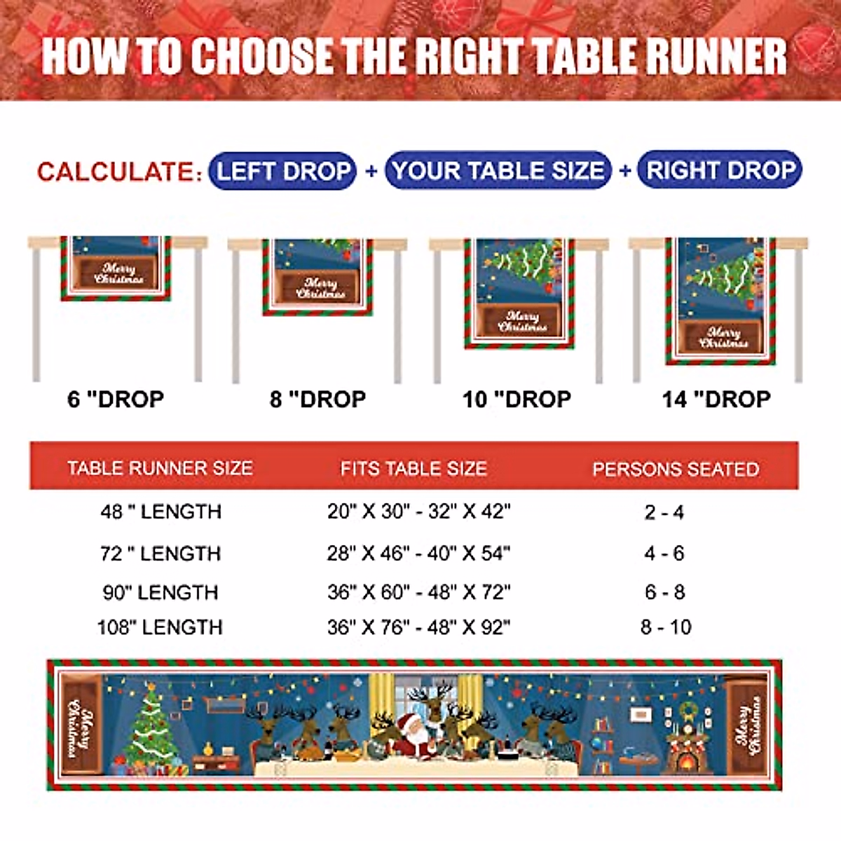 Christmas Table Runners 72 Inches Long, Farmhouse Table Runners Holiday Table Runners, Dining Table Runner with Santa Claus Christmas Trees Reindeers for Xmas Home Kitchen Dining Room Party Decor