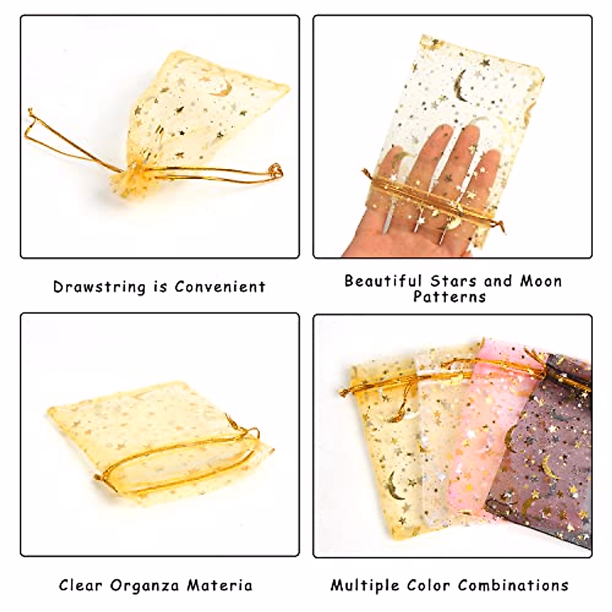 CCINEE 100Pcs Clear Organza Bags, 3.5x4.7 Drawstrings Star and Moon Gift Small Jewelry Gift Bags for Wedding Party,Fill Christmas Goody Bags and Small Items Storage Bag(Mixed Color)