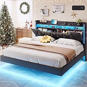 busyaeh King Floating Bed Frame with Hidden Storage Space and Charging Station, RGB Light Fabric Platform Bed with LED Light, No Box Spring Needed, Dark Gray