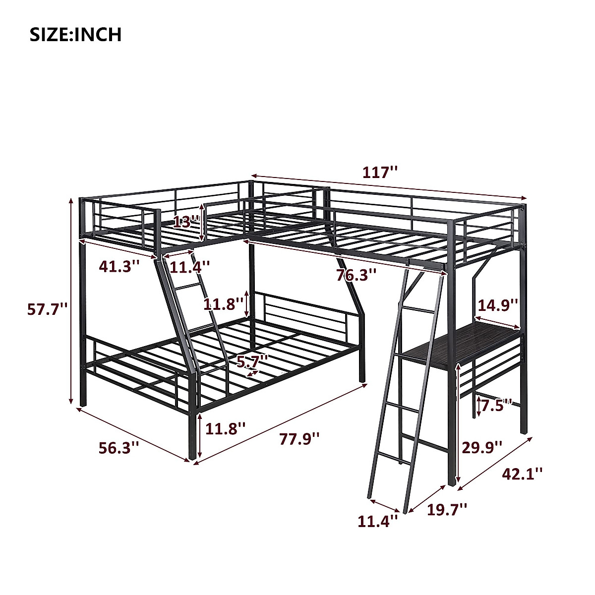 Twin Over Full Bunk Bed, L-Shaped Metal Triple Bunk Bed Frame Attached Twin Loft Bed with DeskLadderGuardrails, 3 Bed Bunk Beds for KidsTeens LF, Black