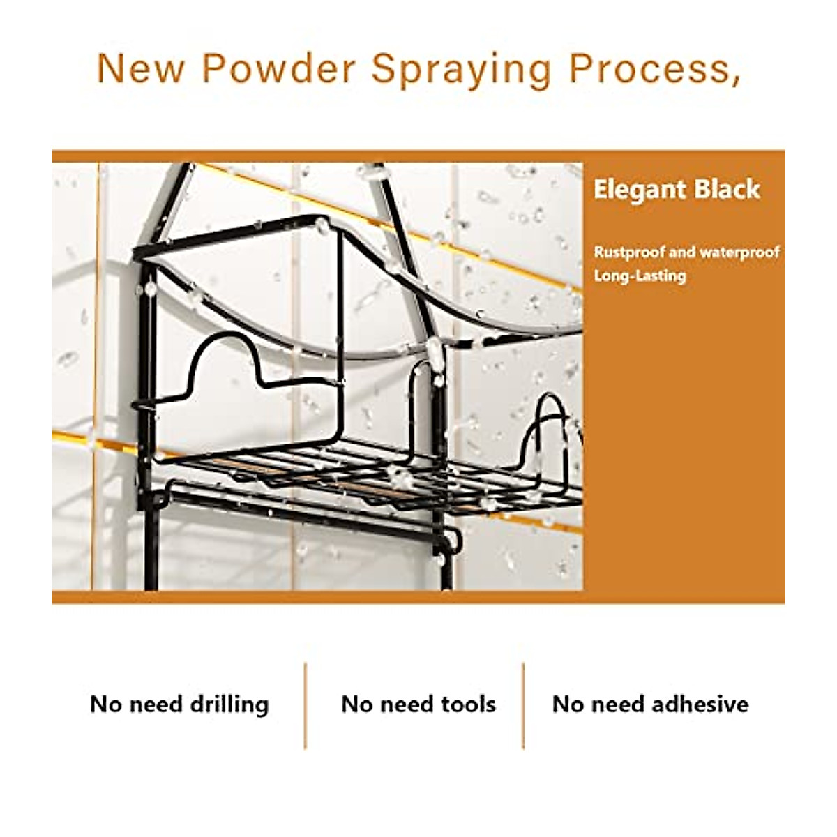 TARNABY Hanging Shower Caddy, Over Shower Head Rustproof Shower Organizer with Hooks for Razor and Bath Ball Brush (Black)