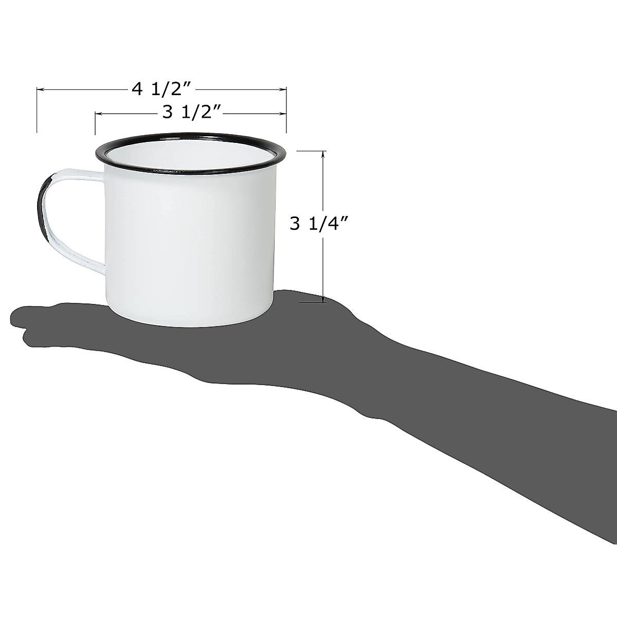 Red Co. Set of 6 Enamelware Metal Medium Classic 12 Oz Round Coffee and Tea Mug with Handle, Distressed White/Black Rim