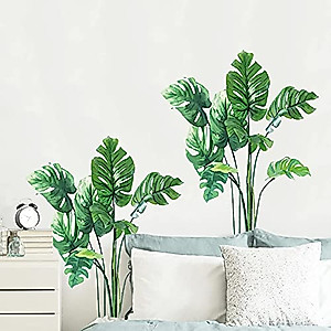 Monstera Leaf Wall Decals 2 PCS Palm Leaves Wall Stickers for Living Room, Green Tropical Plants Wall Decor Posters Vibrant Jungle Leaves Wallpaper for Bedroom Nursery