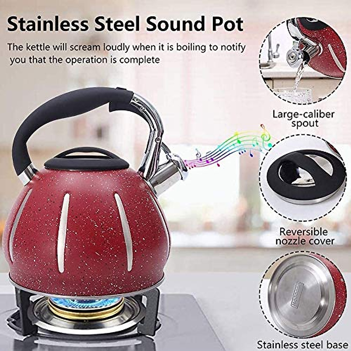 NIRAA Stainless Steel Kettle Stove Top Stainless Tea Kettle for Stove Top,Whistling Tea Kettle - Stainless Steel Teakettle Teapot with Ergonomic Handle,3L,Red
