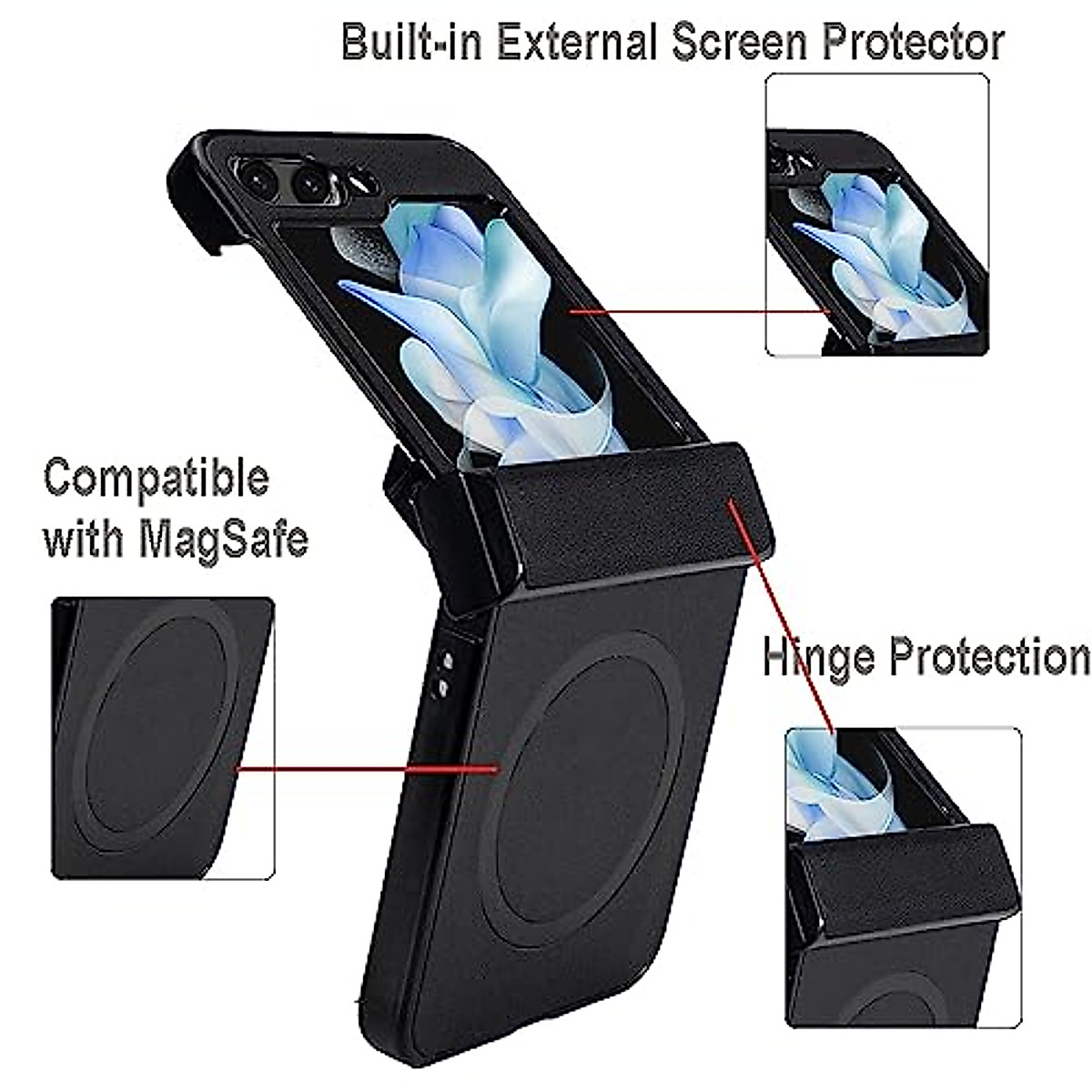 Gufiire for Samsung Galaxy Z Flip 5 Case with Hinge Protection, Front Screen Protector, Carbon Fiber Texture Leather Case Compatible with MagSafe Full Protection Phone Case for Galaxy Z Flip5 (Black)