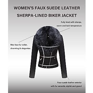 Bellivera Women's Faux Suede Leather Jacket Moto Fleece-Lined Coat with Detachable Fur Collar 8830 Black XXL