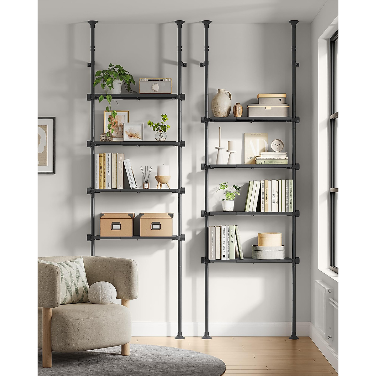 SONGMICS Bathroom Organizer 4-Tier, Over The Toilet Storage Shelf, 4 Height Adjustable and Extendable Shelves, 35.4 to 122.1 Inch Tall, for Small Spaces, Bathroom, Living Room, Ink Black UBTS021B01