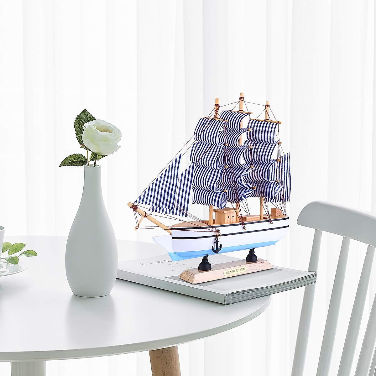 VOSAREA Wood Sailboat Model Blue Ship Figurine 3D Assembling Building Table Ornaments for Home Office Shelf Nautical Decoration Christmas Favors