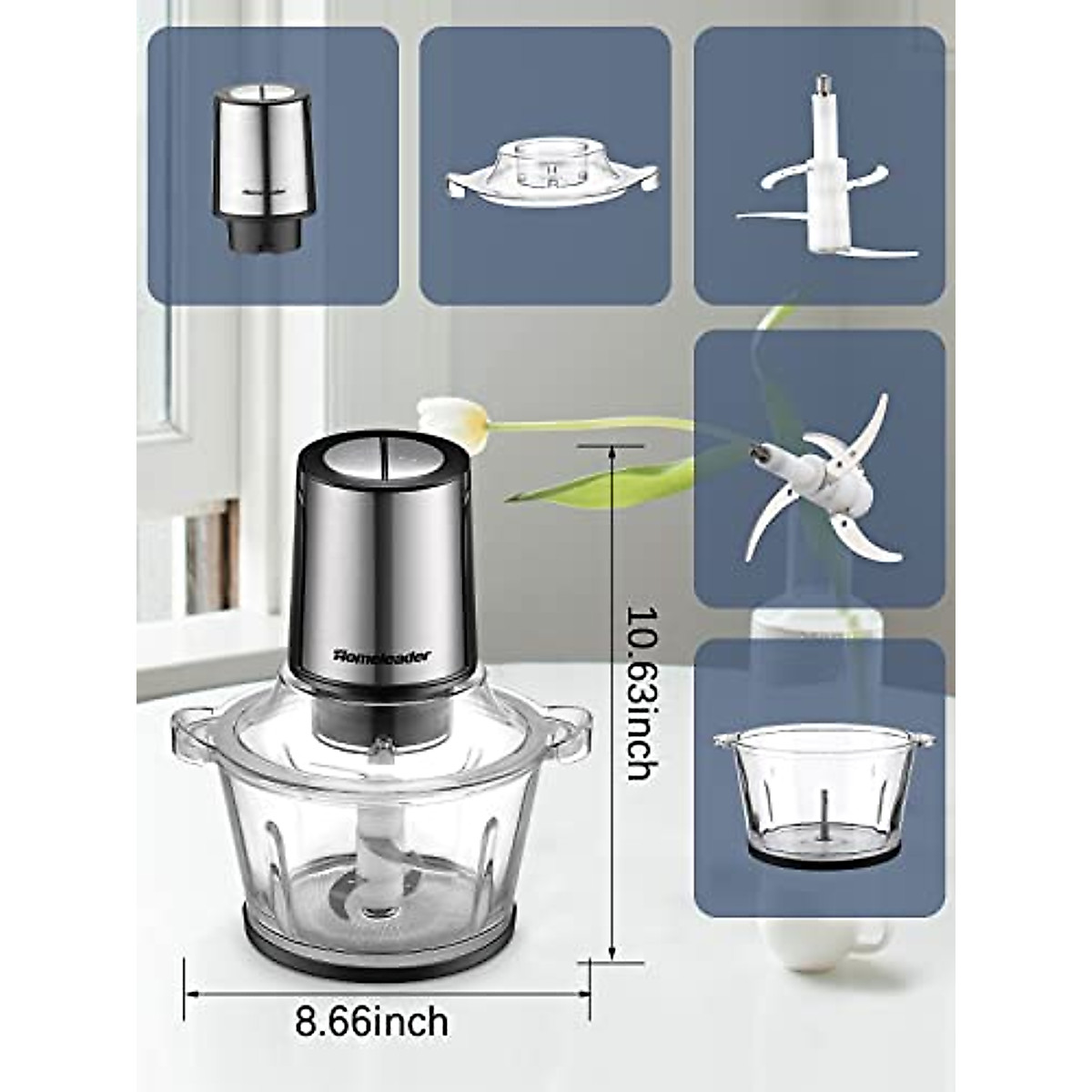 Meat Grinder Food Processor Chopper Electric Homeleader 8 Cup BPA-Free Glass Bowl Fast & Slow Speeds 4 Stainless Steel Blades Powerful 400W Pure Copper Motor for Vegetables, Lean Meat, Onion, Nuts, etc.