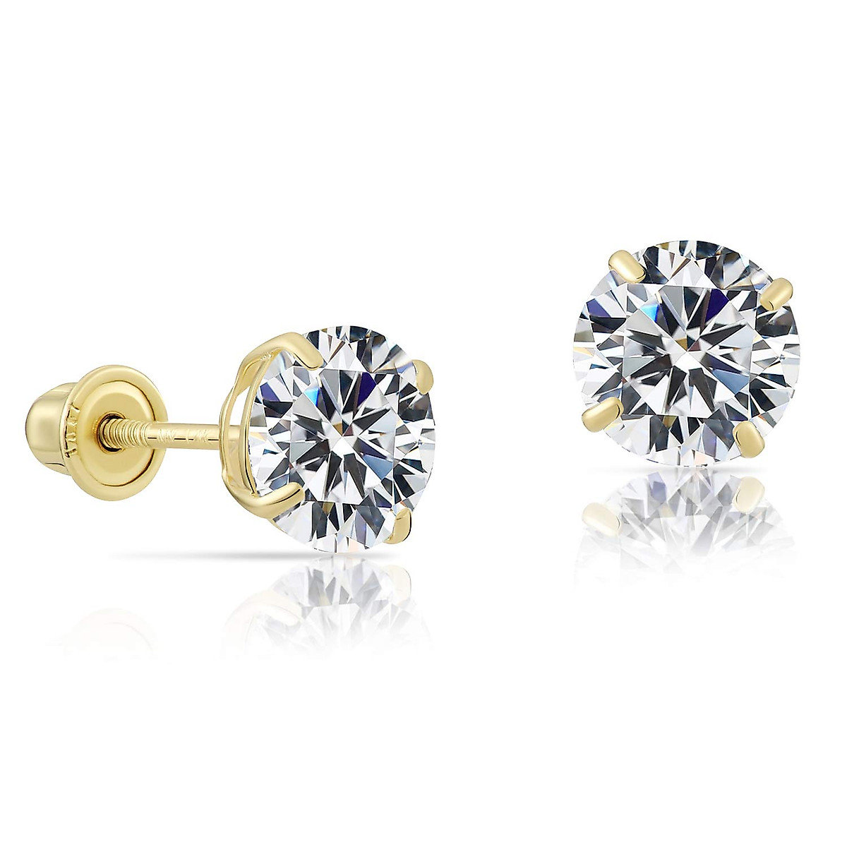 14k Yellow Gold Solitaire Round Cubic Zirconia Stud Earrings in Secure Screw-backs (6mm)…