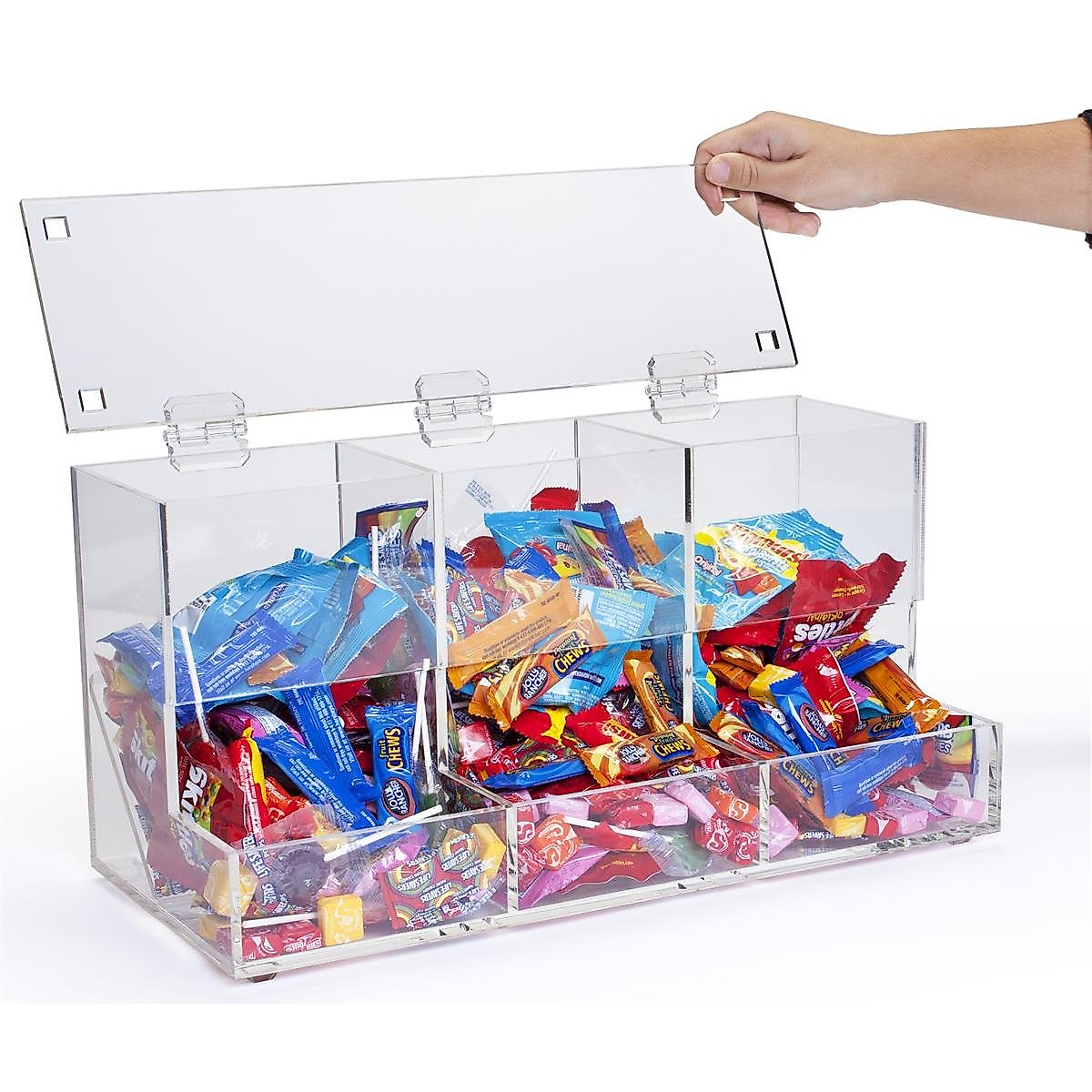 Displays2go Three-Compartment Clear Acrylic Candy Bin, Free-Standing With Non-Skid Feet