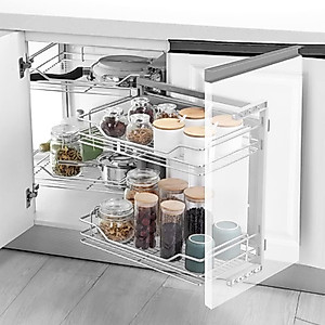 QLYFWLKQ 15" Blind Corner Organizers, Magic Corner Base Cabinet Pull Out Left, 2 Tier Pull Out Cabinet Organizer for Kitchen Cabinet (LeftOpen)