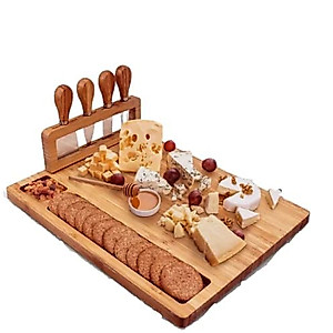 Cheese Board and Knife Set - Charcuterie Board Set, Cheese Platter Board, Bamboo Cheese Board with Cutlery Set, Cheese Tray, Wooden Cheese Board Set, Cheese Cutting Board Set, Cheese Plate Set