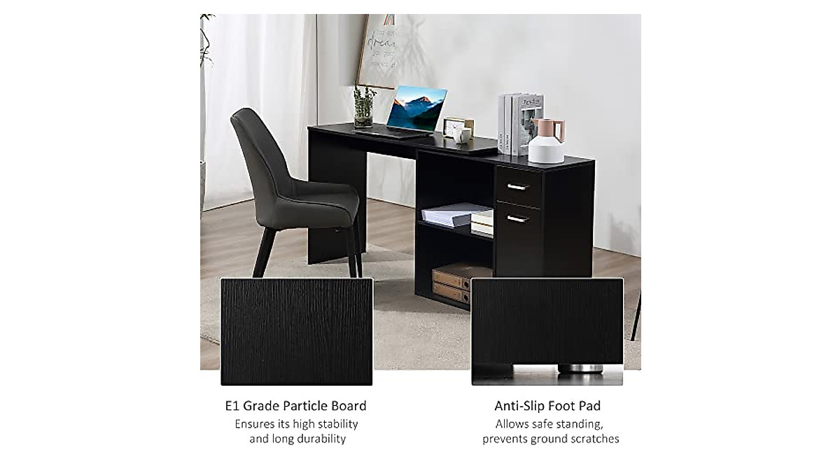 HOMCOM L Shaped Corner Computer Desk with Storage - Black