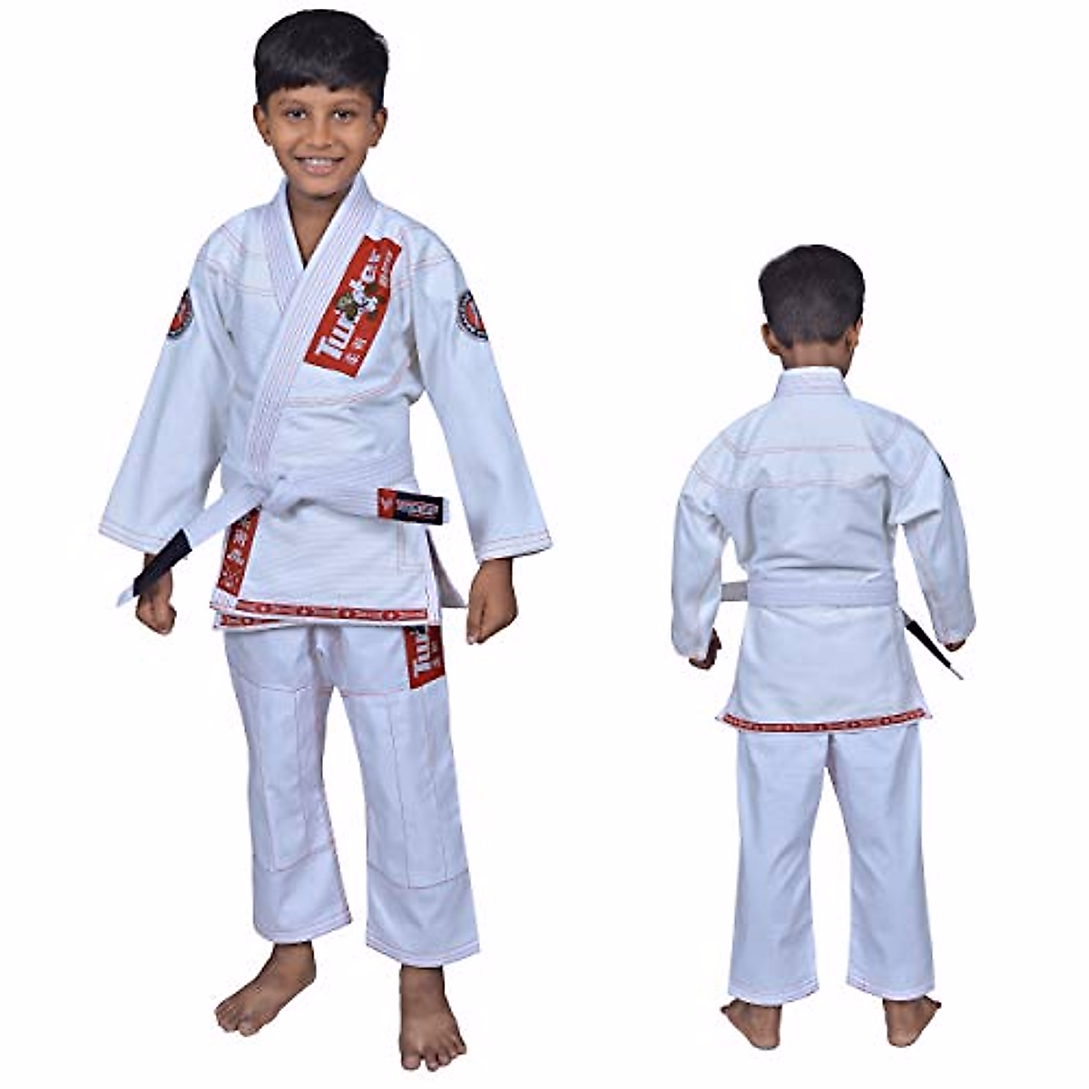 Twister Kids Jiu Jitsu Gi Ultra Light Fabric Youth BJJ Gi with free White Belt Included (White/Red, C1)