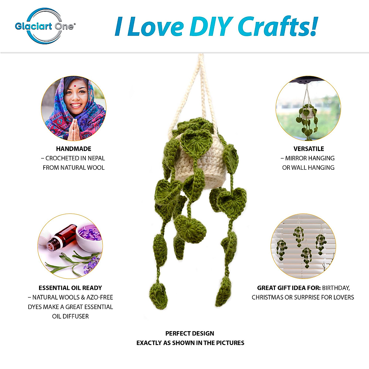 GLACIART ONE Plant Car Interior Hanging Ornament| Funny & Fuzzy Wool Crochet Plant Rear View Mirror Accessories| Great as Decoration, Party Favors & Gifts