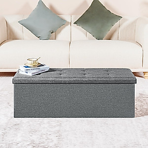 PINPLUS Folding Storage Ottoman Bench, Grey Storage Ottoman with Lid Tray, 30 inches Ottoman Coffee Table Cube Chair Foot Rest Stool Storage Toy Chest for Living Room Bedroom, Holds up to 550 lb