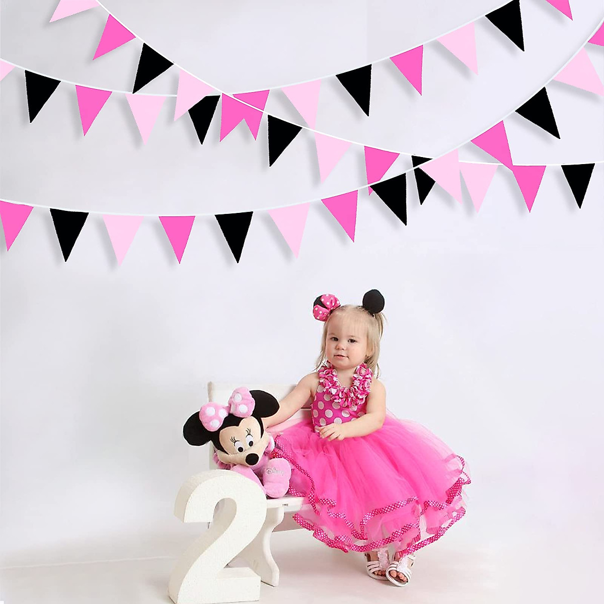 32Ft Rose Hot Pink Black Pennant Banner Fabric Triangle Flag Cotton Bunting Garland for Minnie Mouse Birthday Wedding Anniversary Party Home Nursery Outdoor Garden Hanging Festivals Decoration (36Pcs)