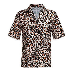 YOMXL Men Vintage Leopard Print Shirt Summer Beach Tee Lapel Collar Short Sleeve V-Neck Button Tops