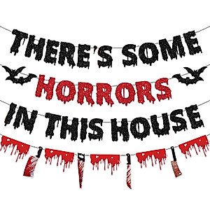 There's Some Horrors In This House Banner, Happy Halloween Decorations Indoor Party, Halloween Decor for Room Office Wall, Adult Horror Halloween Banner Decorations