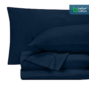 ROYALE LINENS 400 Thread Count 100% American Grown Cotton 4 Piece Sateen Queen Sheet Set - 1 Fitted Sheet, 1 Flat Sheet, 2 Pillow case - Navy Queen Bedsheet - Cotton Sheets - (Queen, Rivera Navy)