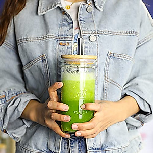 MASON 4 Pack Reusable Boba Tea Cups, Glass Jars 24oz Wide Mouth Smoothie Cups with Bamboo Lids and Silver Straws, for Drinking Bubble Tea and Iced Coffee Travel Bottle