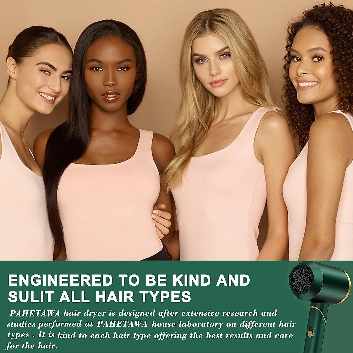 PAHETAWA Diffuser Blow Dryer, 1800W Powerful Travel Hair Dryer for Hotel, Ionic Portable Compact Hair Dryer, No Heat Damage, Lightweight, Low Noise for Curly Hair, Women, Men (Green)