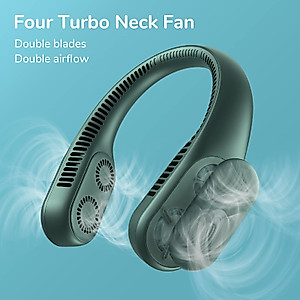 JISULIFE Four Turbo Neck Fan, Upgraded Portable Fan, Bladeless Personal Wearable Fan with USB Rechargeable, Low Noise, Strong Leafless Hand Free Fan Gift for Outdoor, Camping - Green