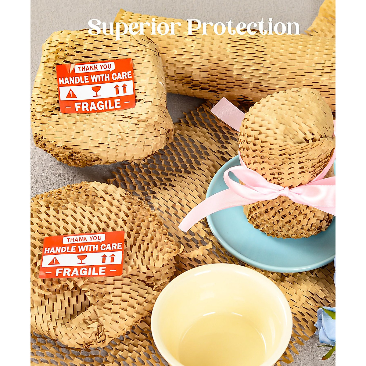 15”x400’Honeycomb Packing Paper,100% Recyclable Honeycomb Cushioning Wrap Roll for Safe Moving Shipping Packaging with 20 Fragile Stickers.